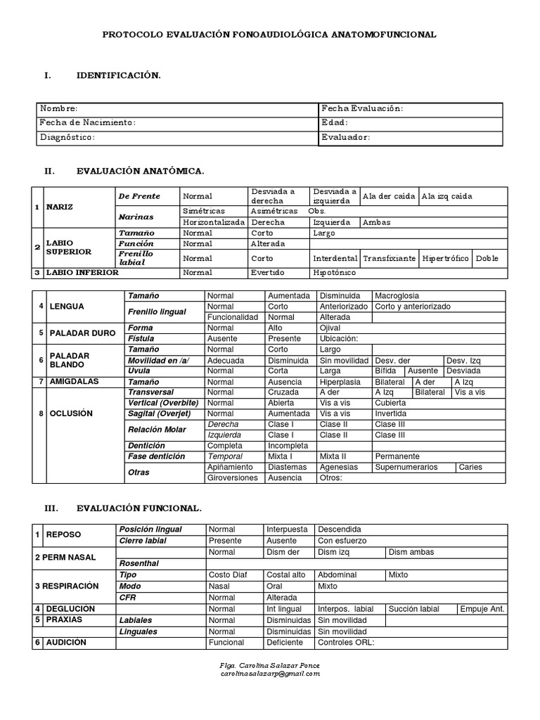 Protocolo Evaluación Fonoaudiológico OFA | PDF | Cabeza y cuello humanos | Boca