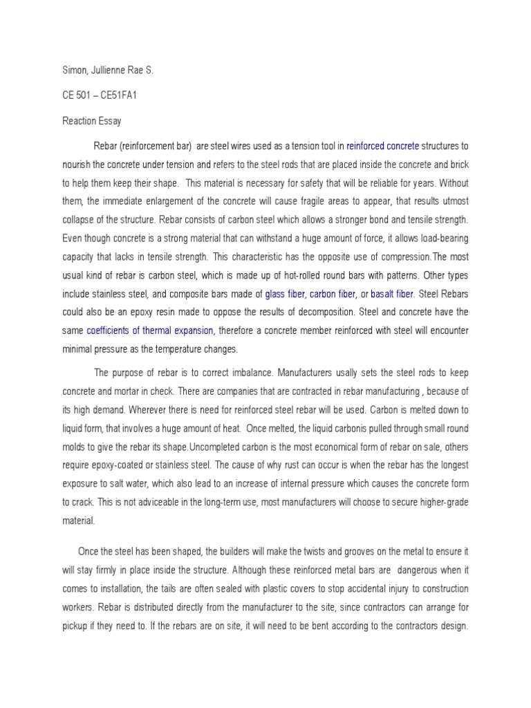 CE501 Reaction Essay on Rebar Uses and Manufacturing | PDF | Reinforced ...