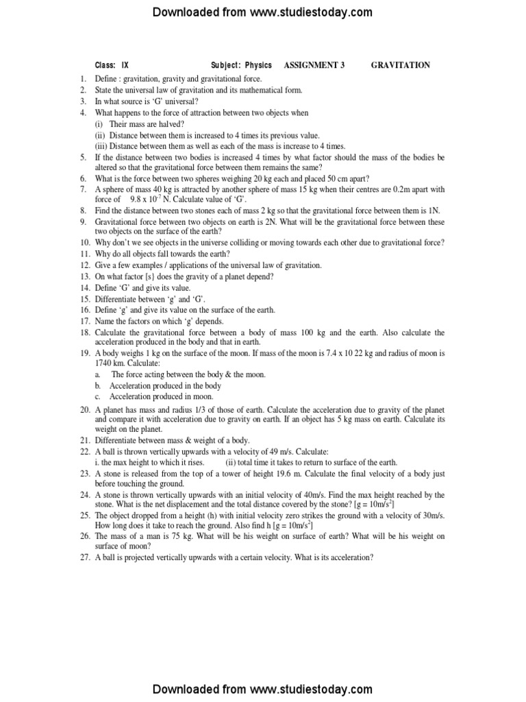 Class: IX Subject: Physics: Assignment 3 Gravitation | PDF | Gravity | Weight