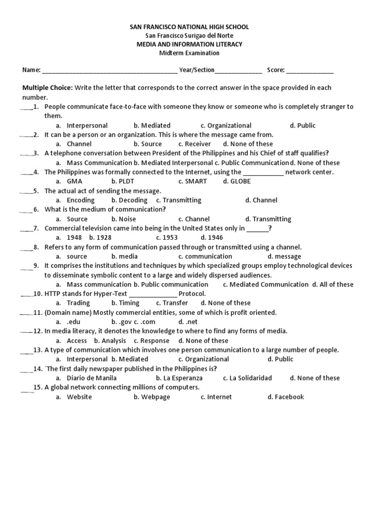 Grade 12 Media Literacy Midterm Exam | PDF | Broadcasting | Communication