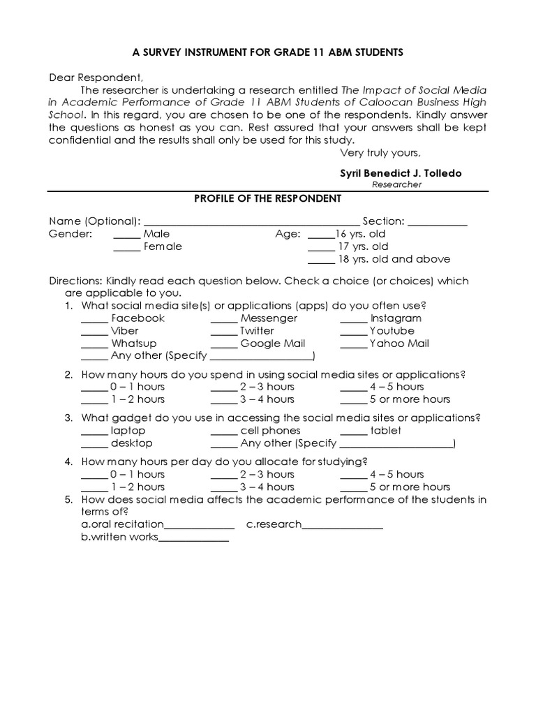 A Survey Instrument For Grade 11 Abm Students | PDF | Social Media ...