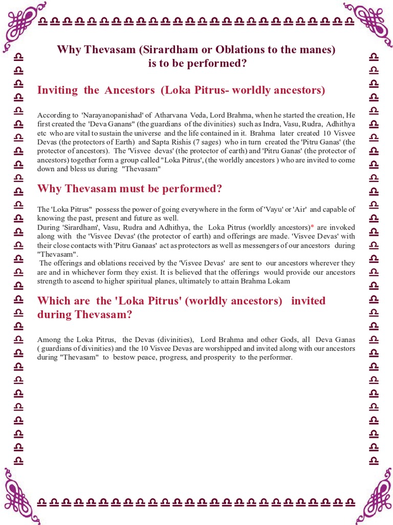 Why Thevasam (Sirardham or Oblations To The Manes) Is To Be Performed ...