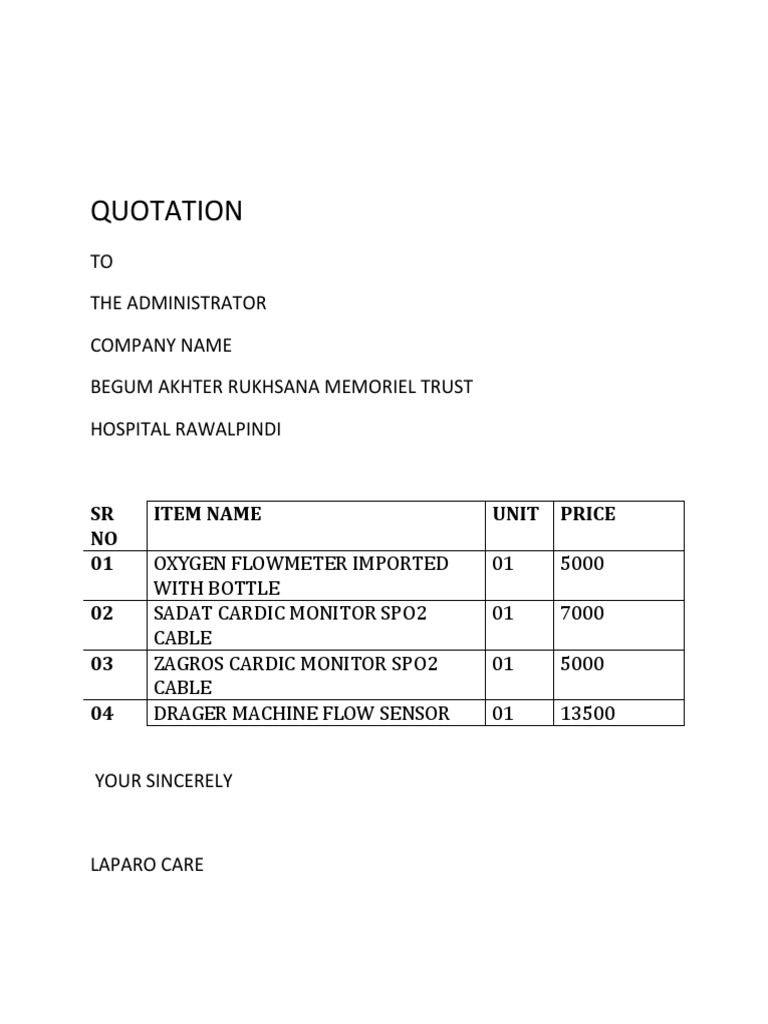 Quotation: SR NO Item Name Unit Price 01 02 03 04 | PDF