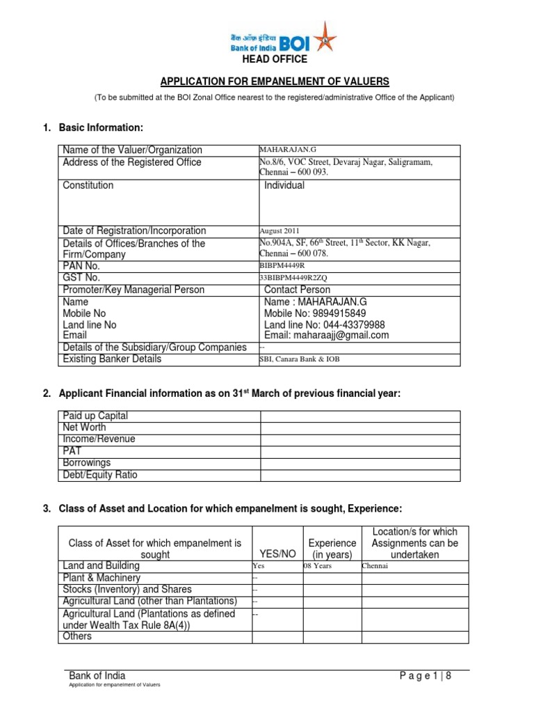 Application for Empanelment as a Valuer for Land and Building Asset Class with Bank of India ...
