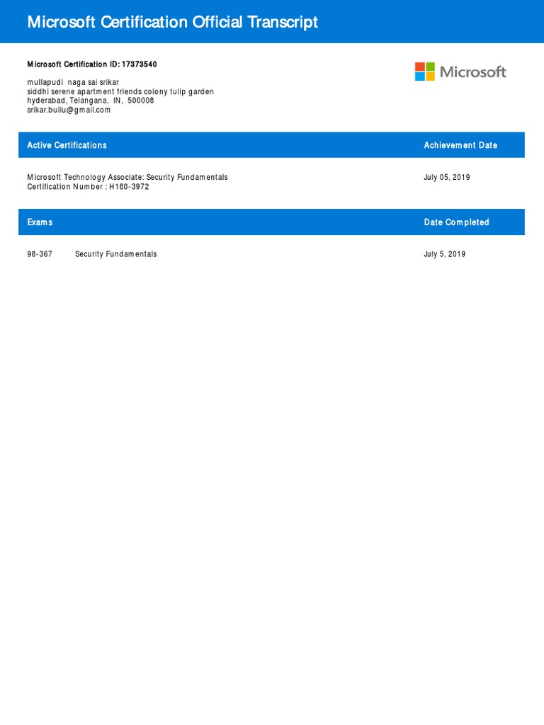 Microsoft Certified Professional Transcript | PDF | Computers