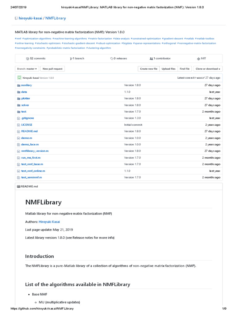 Hiroyuki Kasai Nmflibrary Matlab Library For Non Negative Matrix Factorization Nmf