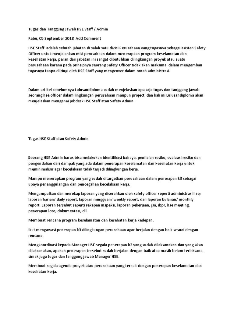 Tugas Dan Tanggung Jawab HSE Staff | PDF Tugas Dan Tanggung Jawab HSE Staff | PDF