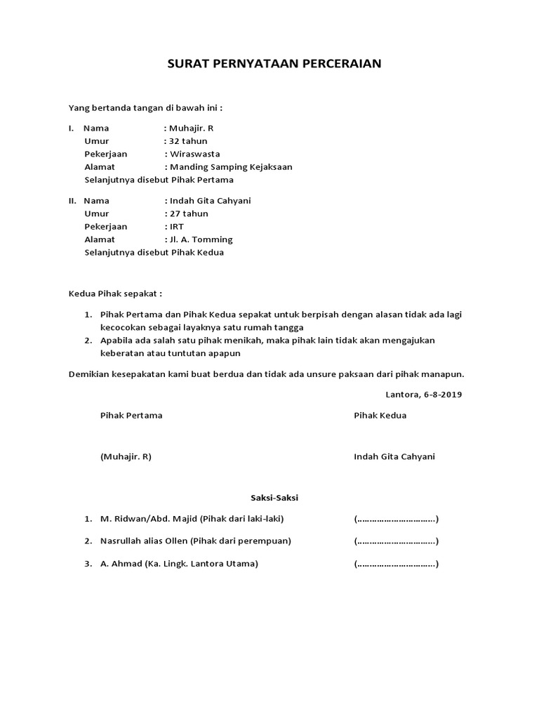Contoh Surat Pernyataan Perceraian | PDF