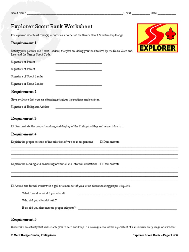 Boy Scout Rank Worksheet Info & Links Troop 2 Hudson, Mass.