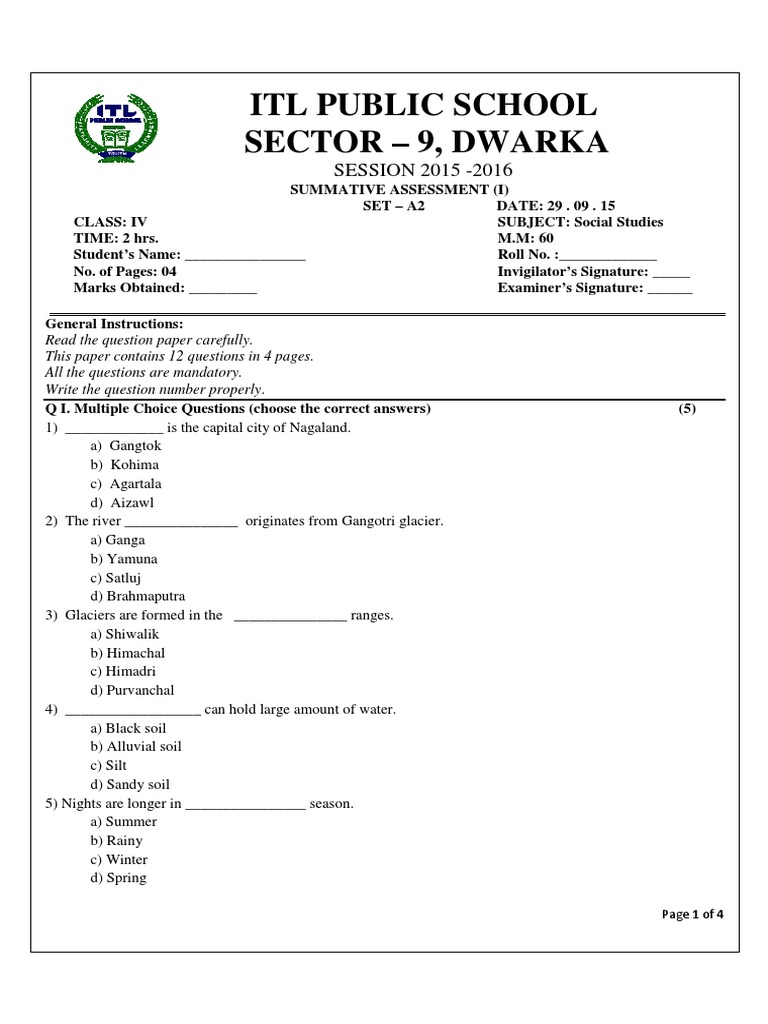 Class 4 Social Studies Question Paper | PDF | Soil | Physical Geography