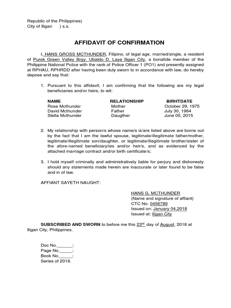 Affidavit of Confirmation Sample. Joart | PDF | Affidavit | Government
