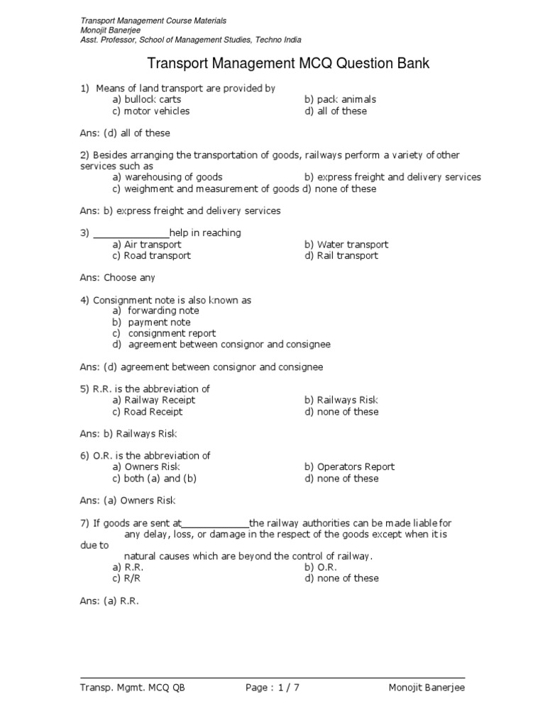 Transport Management MCQ Question Bank | PDF | Train | Transport