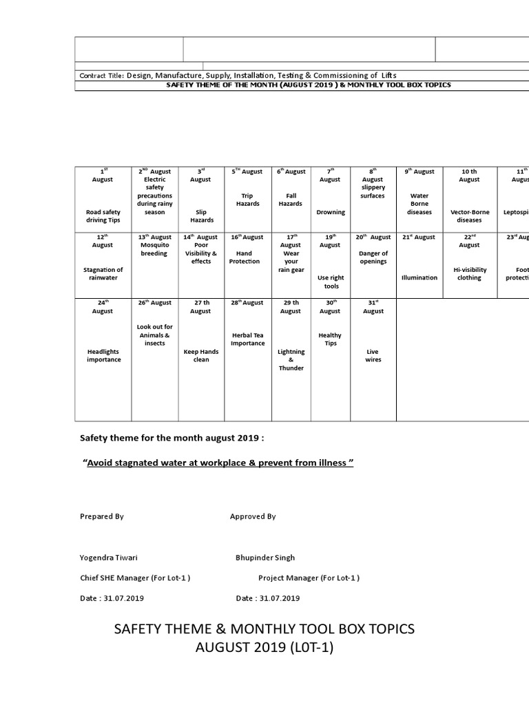 Safety Theme & Monthly Tool Box Topics AUGUST 2019 (L0T-1) | PDF | Nature