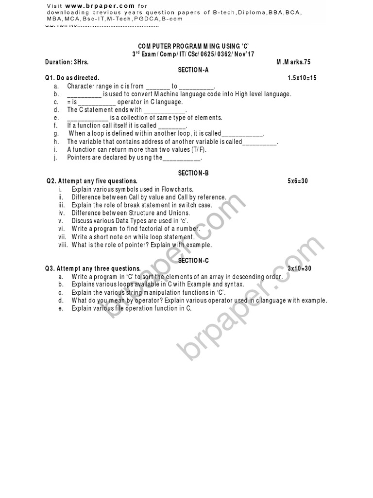 Computer Programming Using C' 3 Exam/Comp/It/Csc/0625/0362/Nov'17 ...