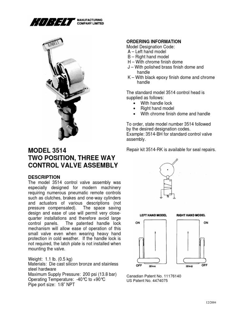 MODEL 3514 Two Position, Three Way Control Valve Assembly: Description ...