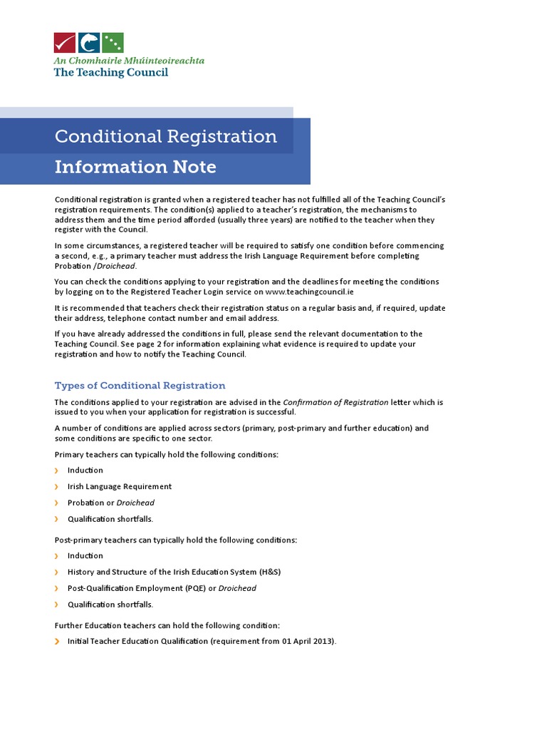 Conditional Registration Information Note | PDF | Irish Language | Teachers