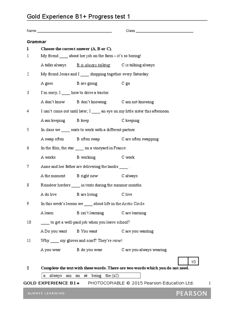 Gold Experience B1+ Progress Test 1: Grammar 1 Choose The Correct ...