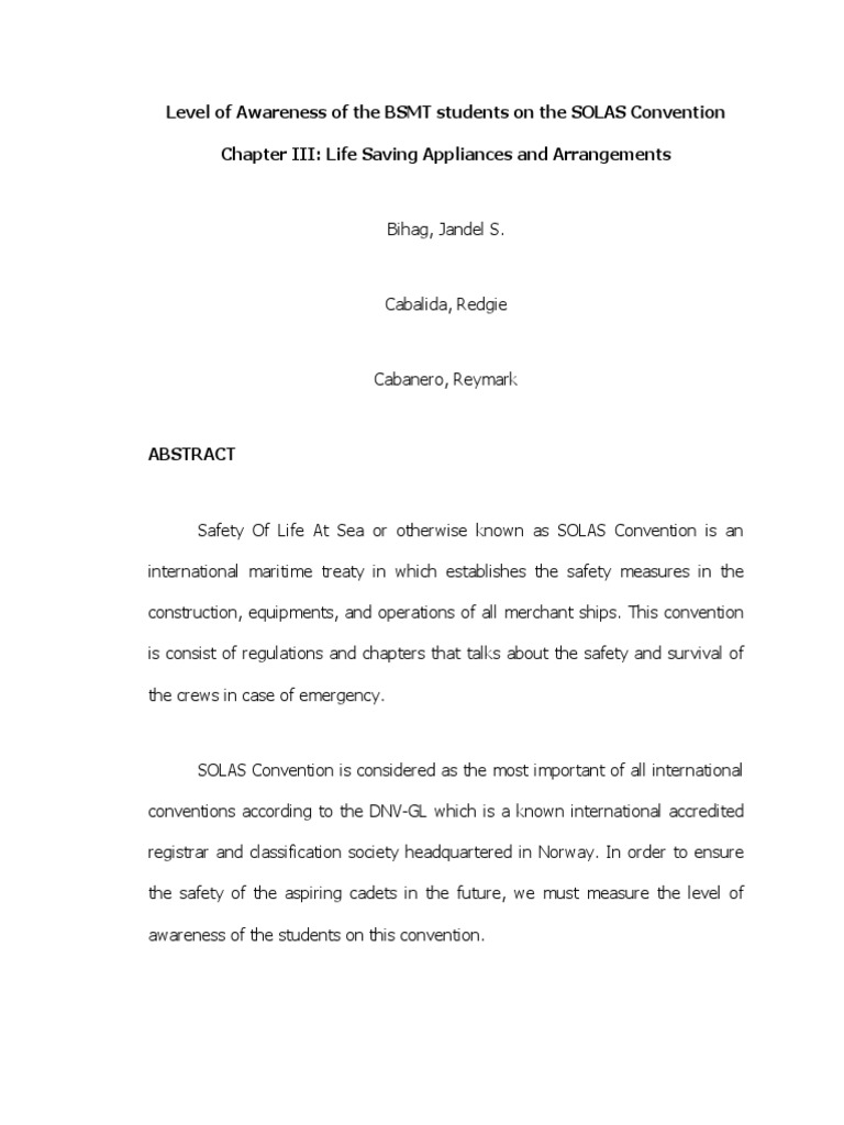 Level of Awareness of The BSMT Students On The Solas Chapter III Life ...