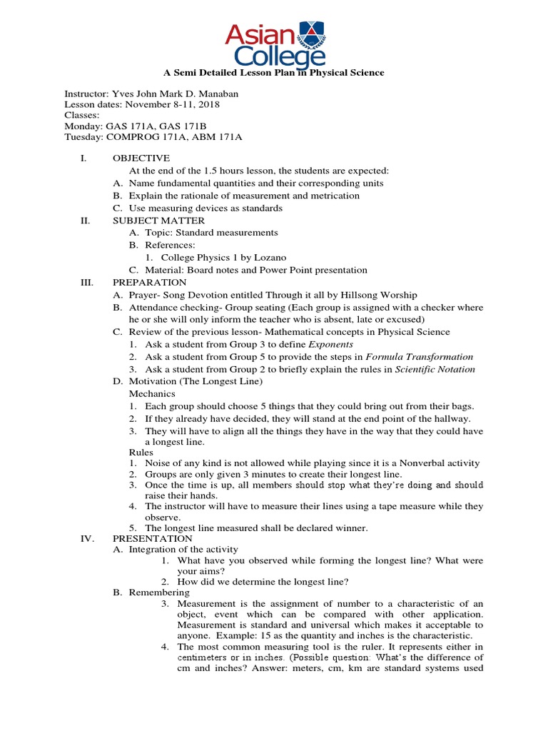 A Semi Detailed Lesson Plan in Physical Science | PDF | Measurement ...