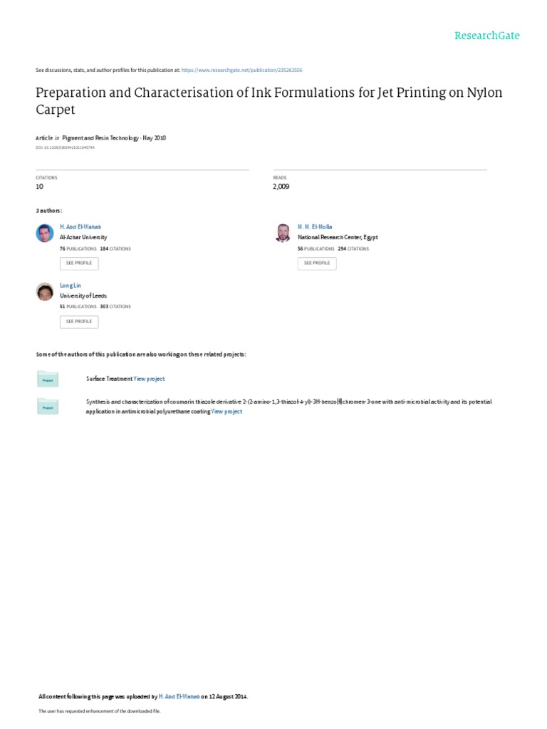 Preparation and Characterisation of Ink Formulations For Jet Printing ...