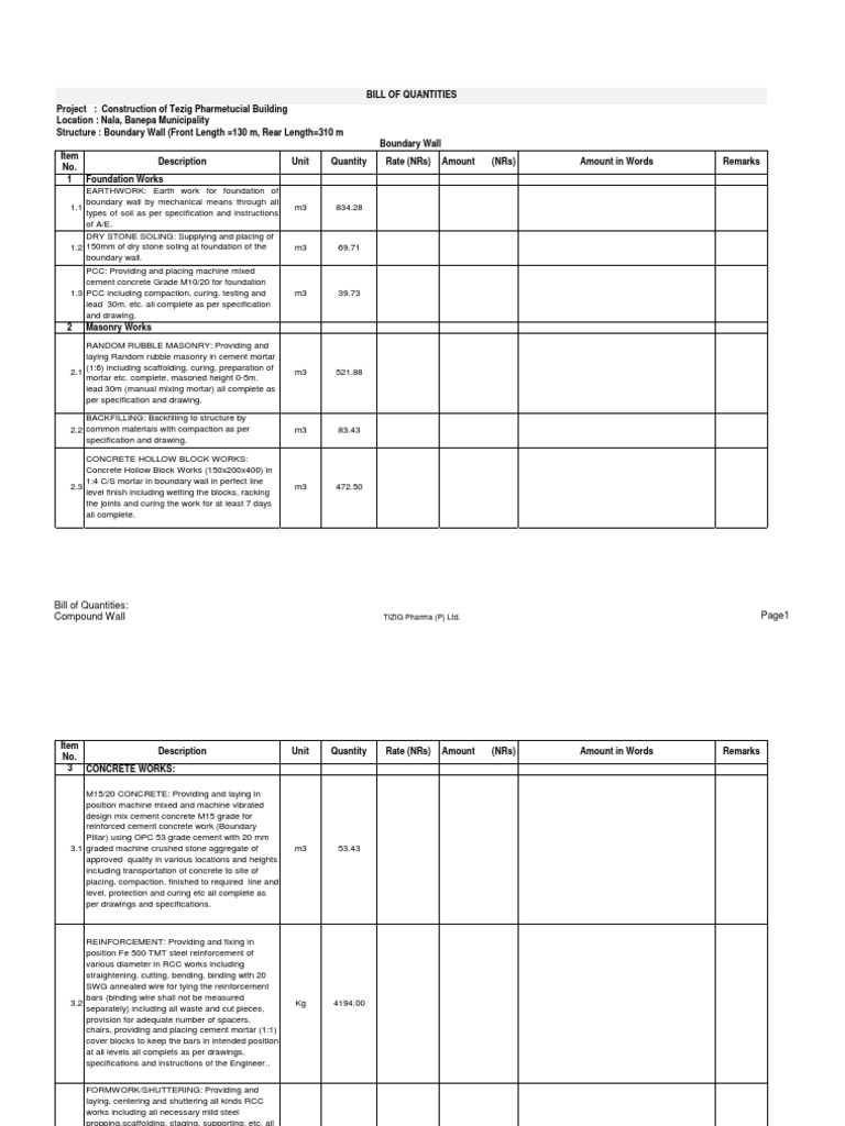 BoQ Boundary Wall (Second Contract) | PDF | Masonry | Concrete