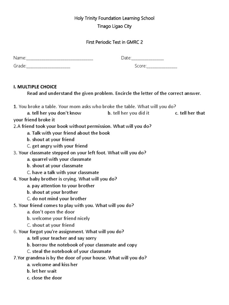 I. Multiple Choice: You Broke A Table. Your Mom Asks Who Broke The ...