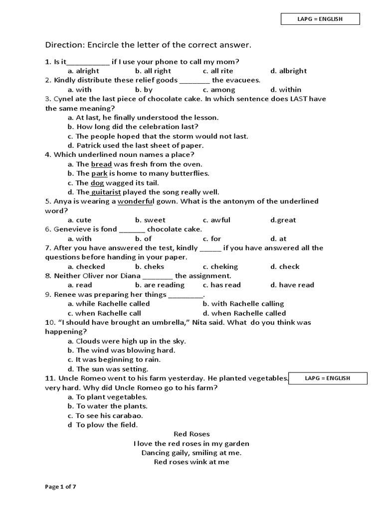 Direction: Encircle The Letter of The Correct Answer.: Lapg English ...
