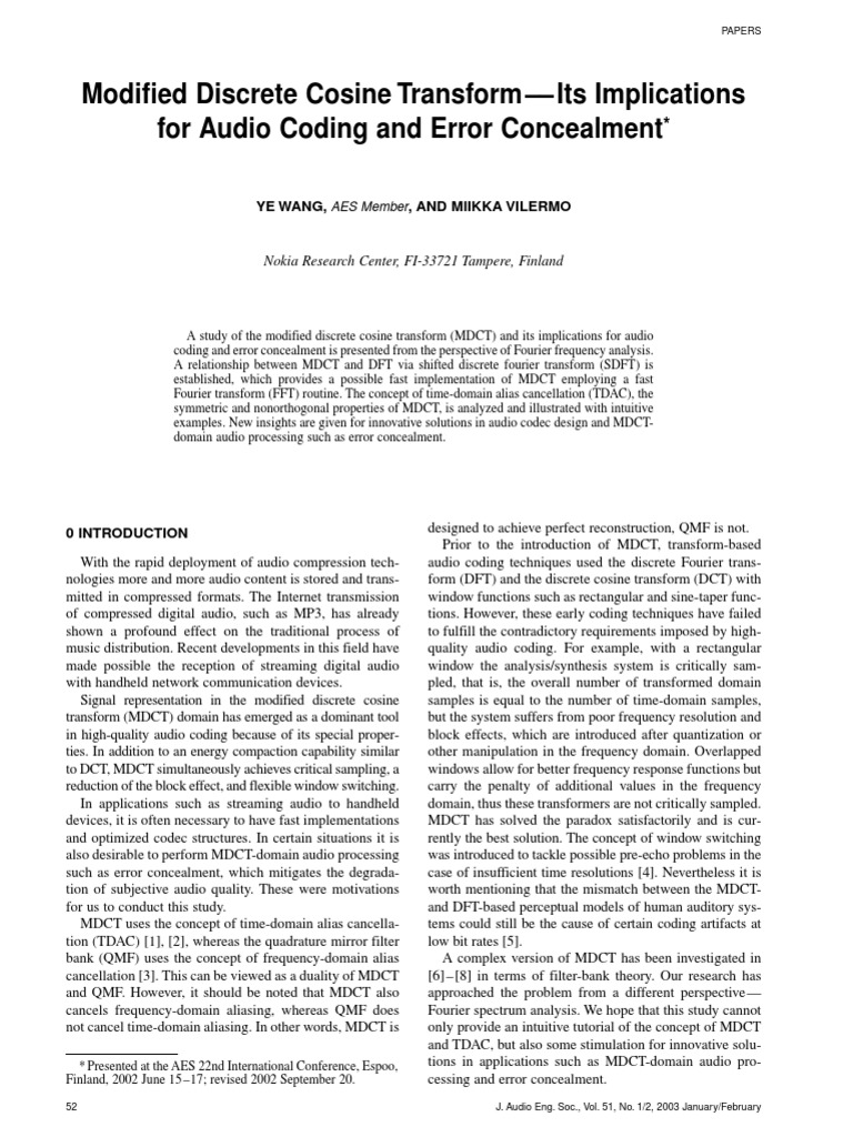 Modified Discrete Cosine Transform - Its Implications For Audio Coding and Error Concealment ...