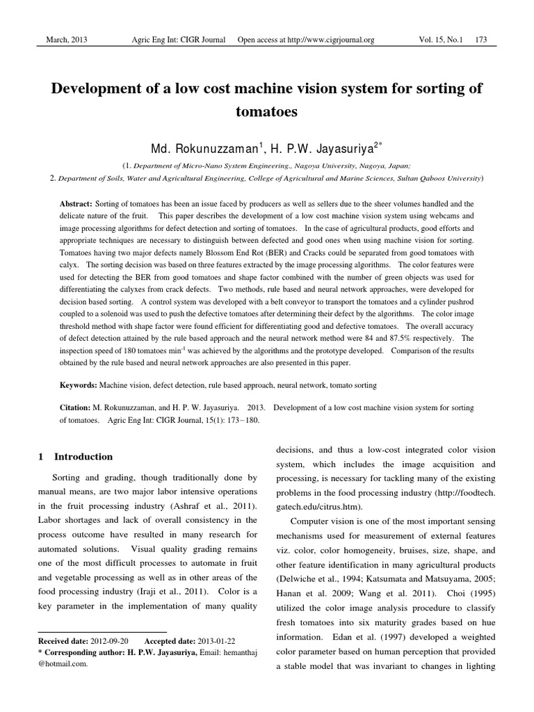 Development of A Low Cost Machine Vision System For Sorting of Tomatoes ...