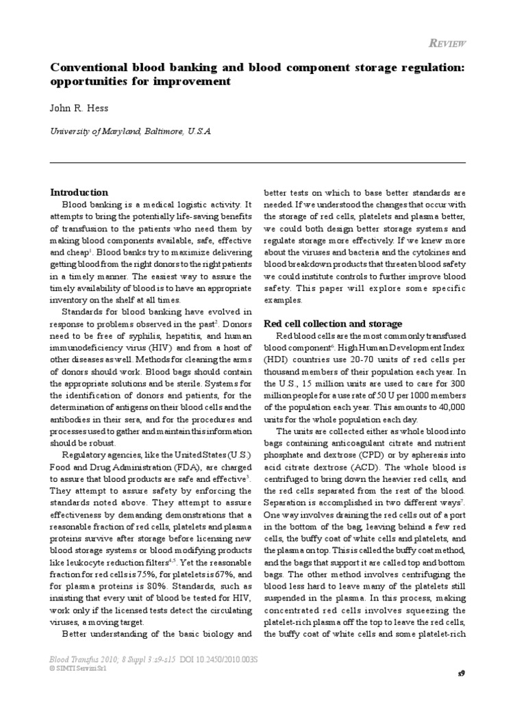 Conventional Blood Banking and Blood Component Storage Regulation ...