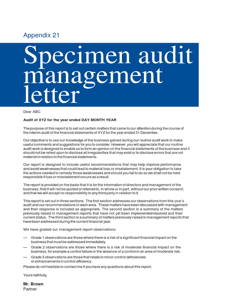 21 Specimen Audit Management Letter | PDF | Audit | Risk