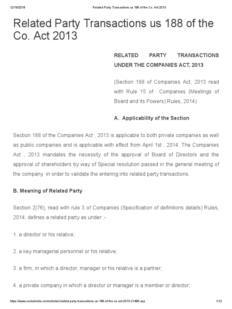 Related Party Transactions Us 188 of The Co. Act 2013 | Download Free ...
