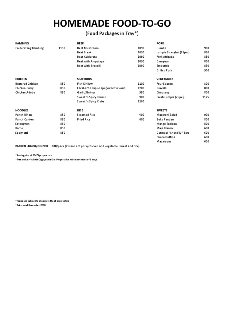 Homemade Food-To-Go: (Food Packages in Tray ) | PDF | Eating Behaviors ...