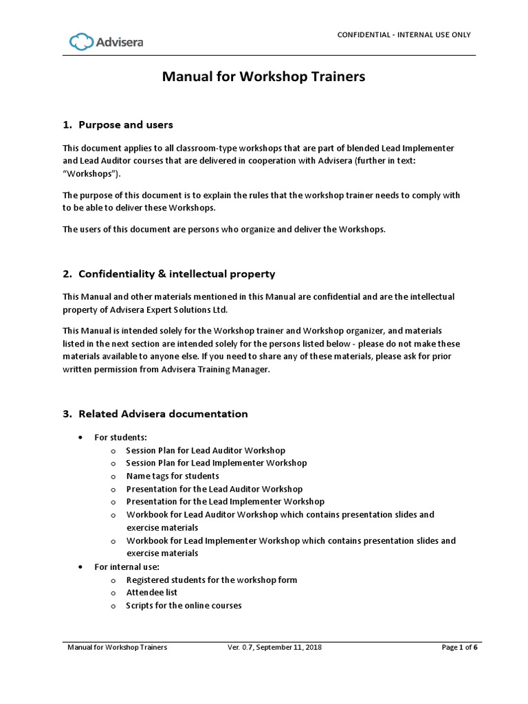 Manual For Workshop Trainers: 1. Purpose and Users | PDF | Educational ...