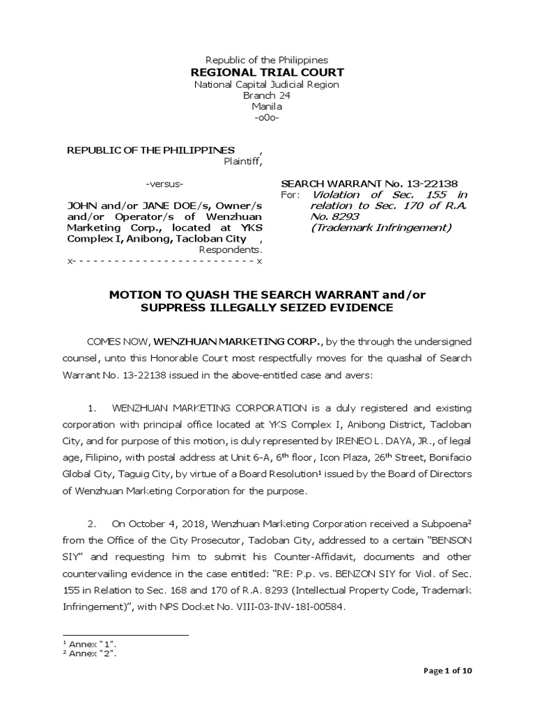 Motion To Quash | PDF | Search And Seizure | Search Warrant