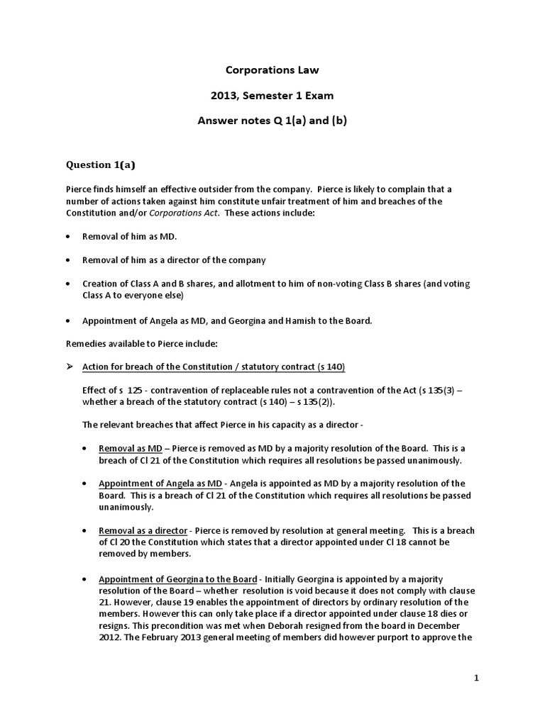 Corporations Law 2013, Semester 1 Exam Answer Notes Q 1 (A) and (B ...