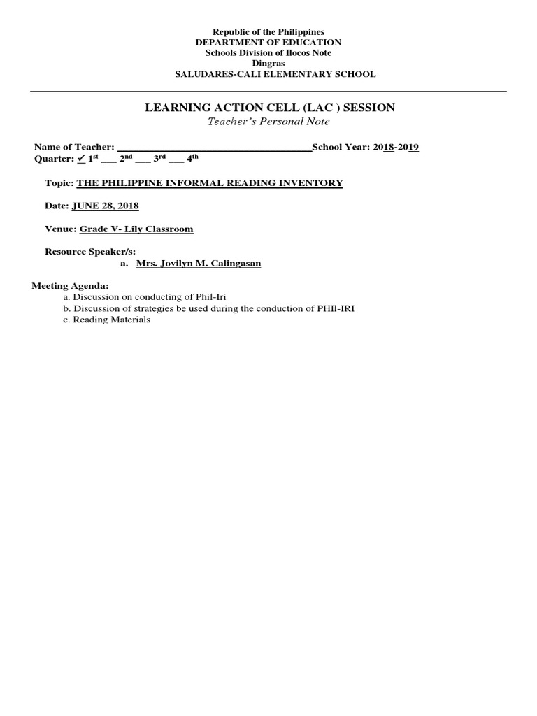 Learning Action Cell (Lac) Session: Teacher's Personal Note | PDF