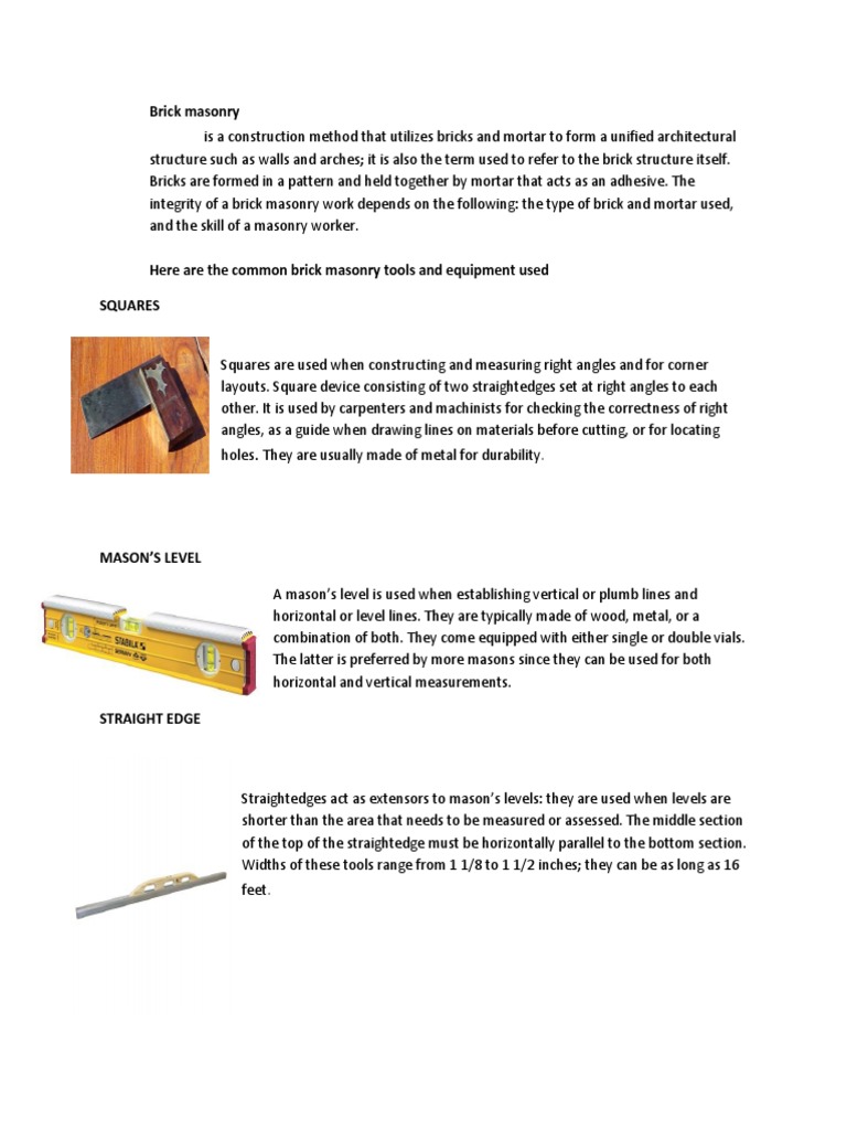 Different Tools in Masonrys | PDF | Masonry | Brick