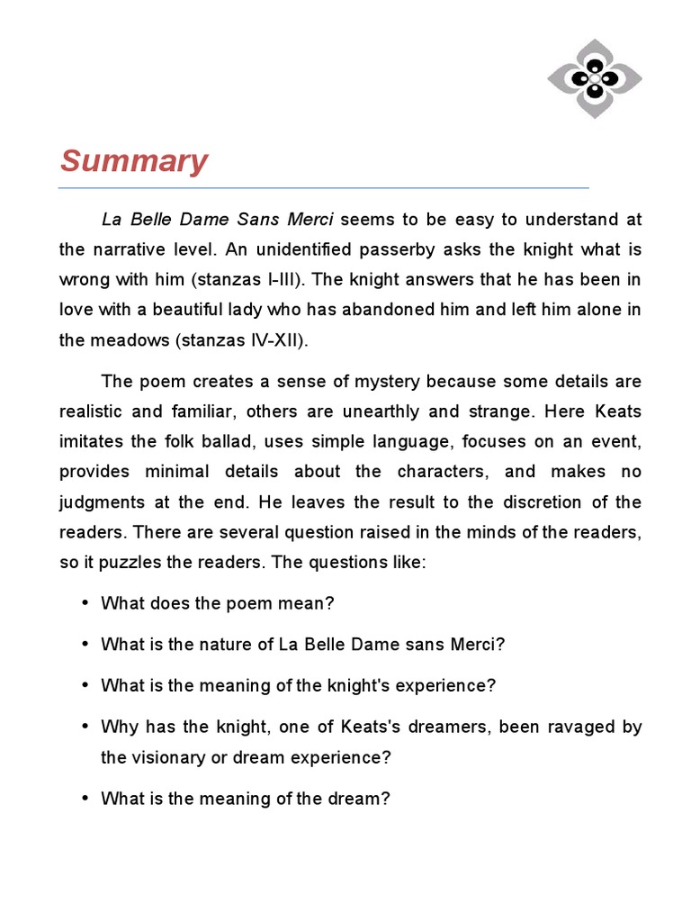 La Belle Dame Sans Merci Summary | PDF