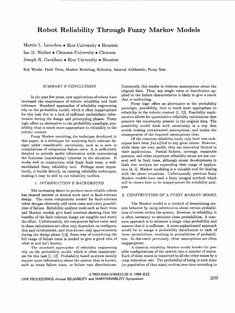 Robot Reliability Through Fuzzy Markov M PDF | PDF | Reliability ...