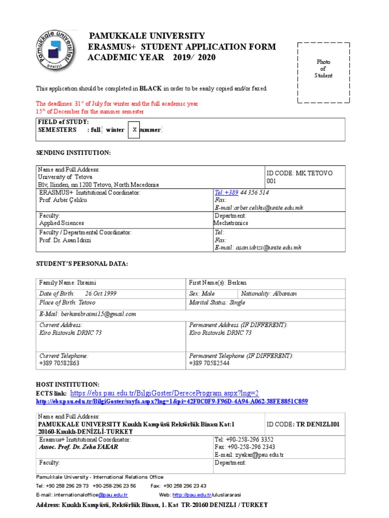 Blank Incoming Erasmus Appl Form | PDF | Identity Document | Learning