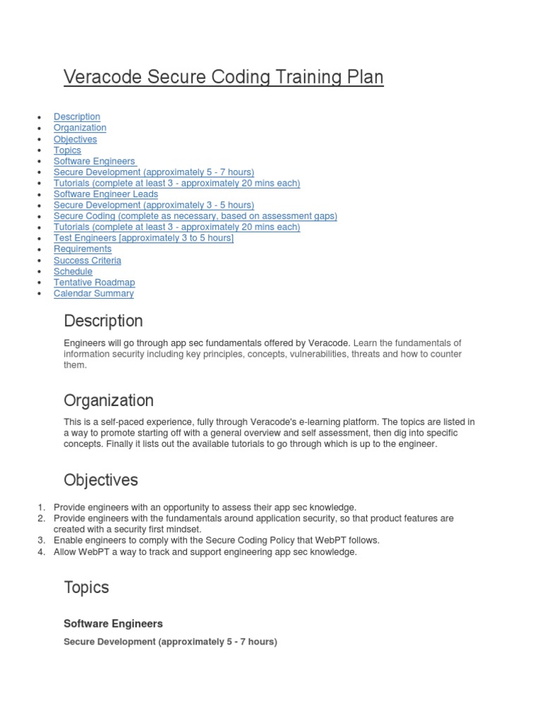 Veracode Secure Coding Training Plan: Description | PDF | Information Security | Web Application
