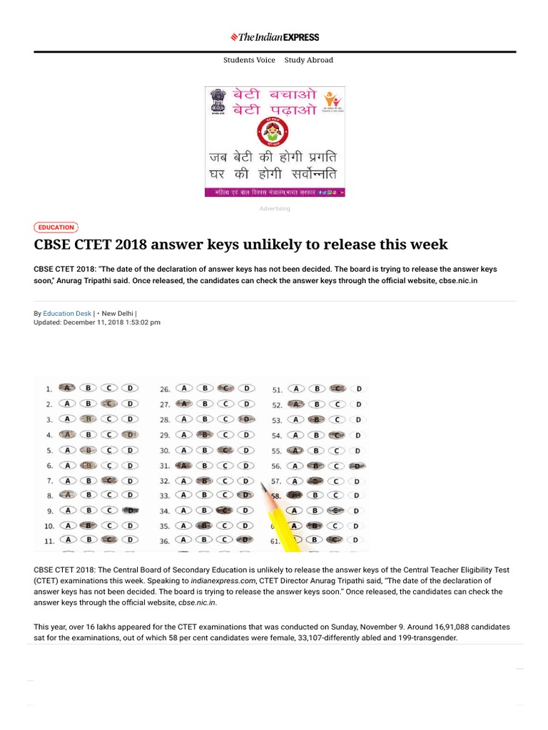 CBSE CTET 2018 Answer Keys Unlikely To Release This Week: Education | PDF | Sports