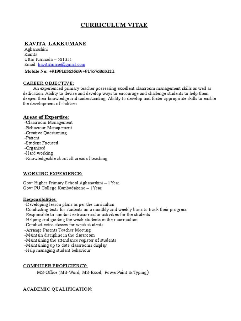 Curriculum Vitae: Kavita Lakkumane | PDF | Teachers | Curriculum