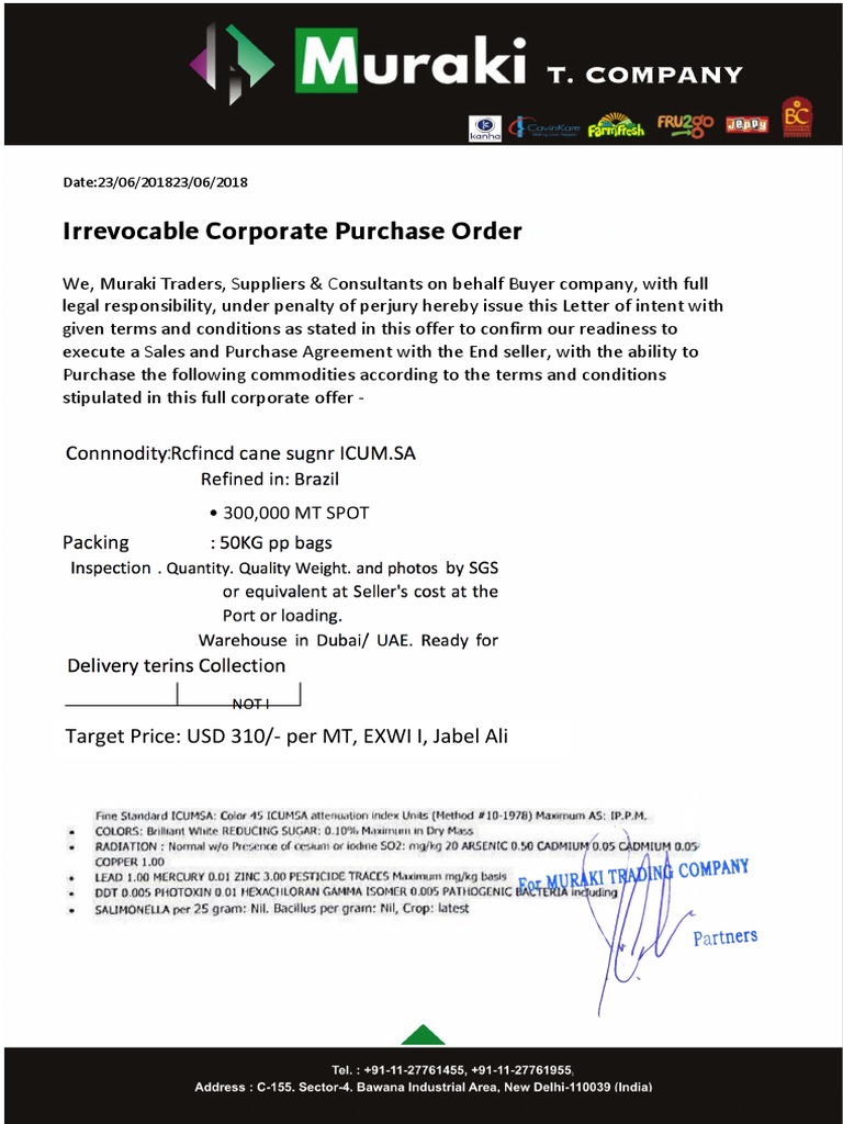Irrevocable Corporate Purchase Order: Target Price: USD 310/-Per MT ...