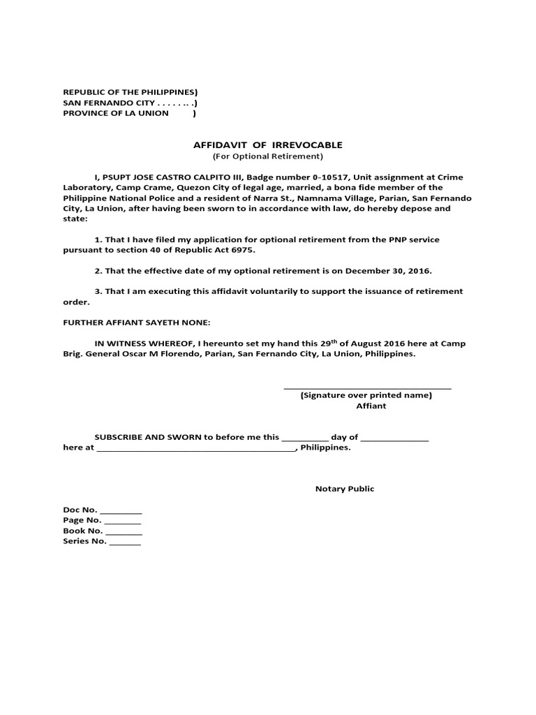 Affidavit of Irrevocable: (For Optional Retirement) | PDF