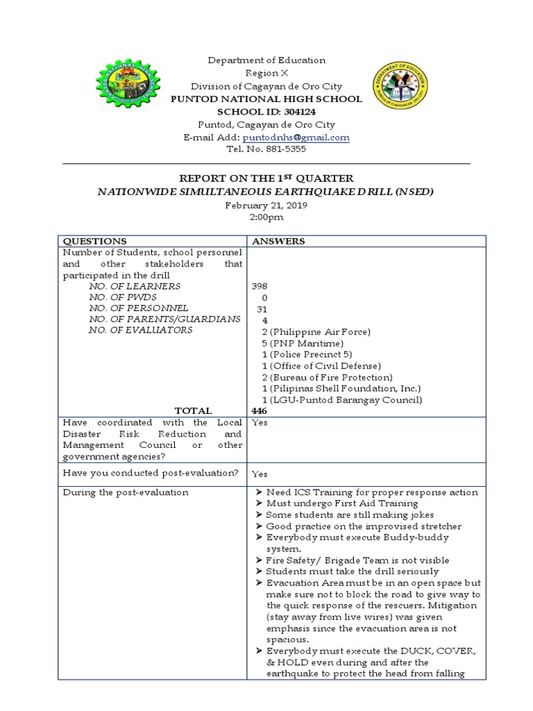 Puntod NHS - NSED Report February 21, 2019 | PDF | Emergency Management ...
