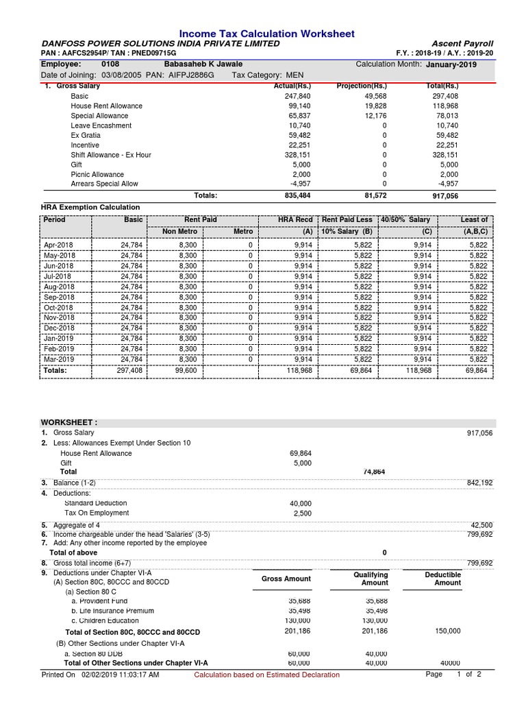 Income Tax Calculation Worksheet: Danfoss Power Solutions India Private ...
