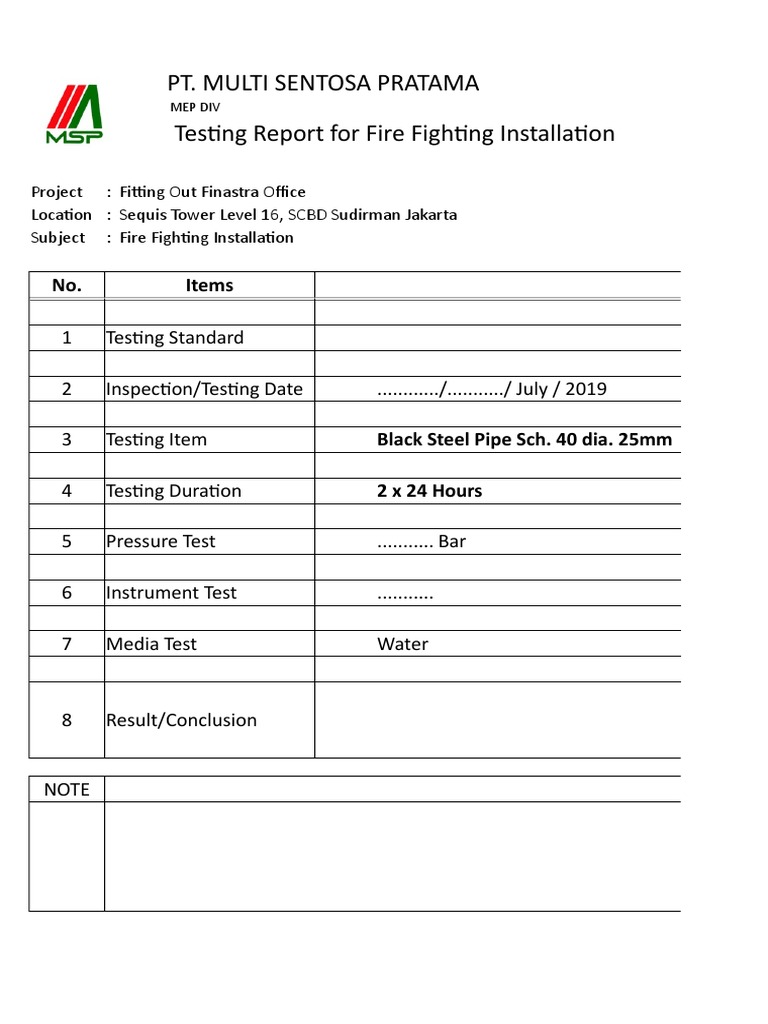 Pt. Multi Sentosa Pratama Testing Report For Fire Fighting Installation ...