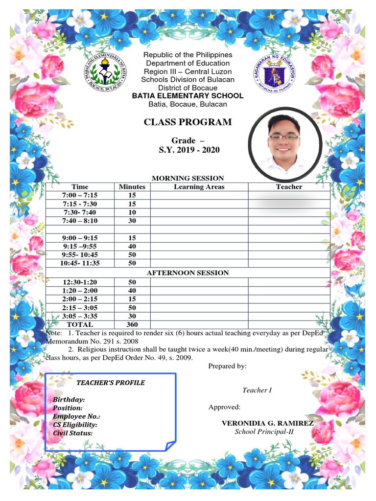 Batia Elementary School Class Program for Grade - School Year 2019-2020 ...